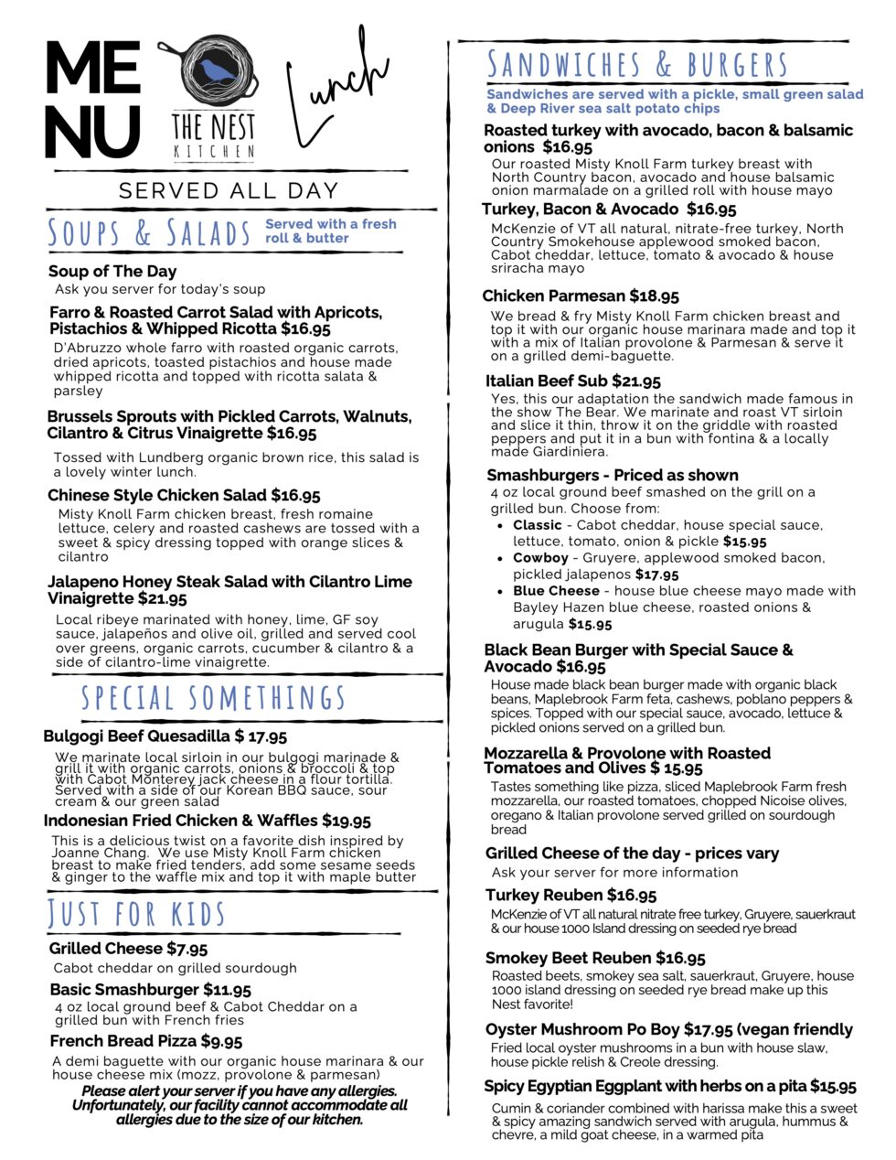 Menus | The Nest Kitchen & Café