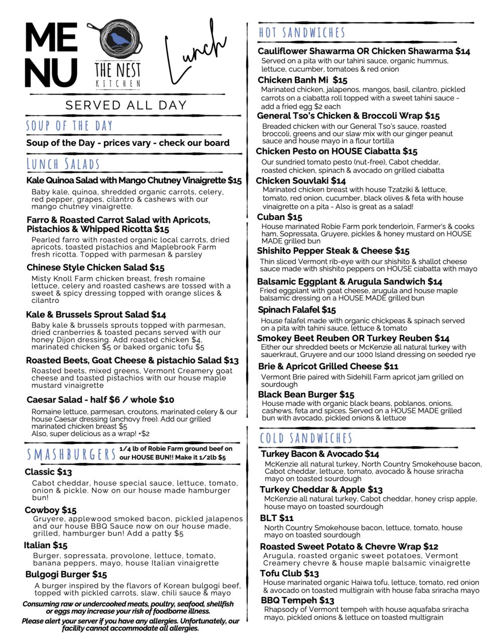 Menus | The Nest Kitchen & Café